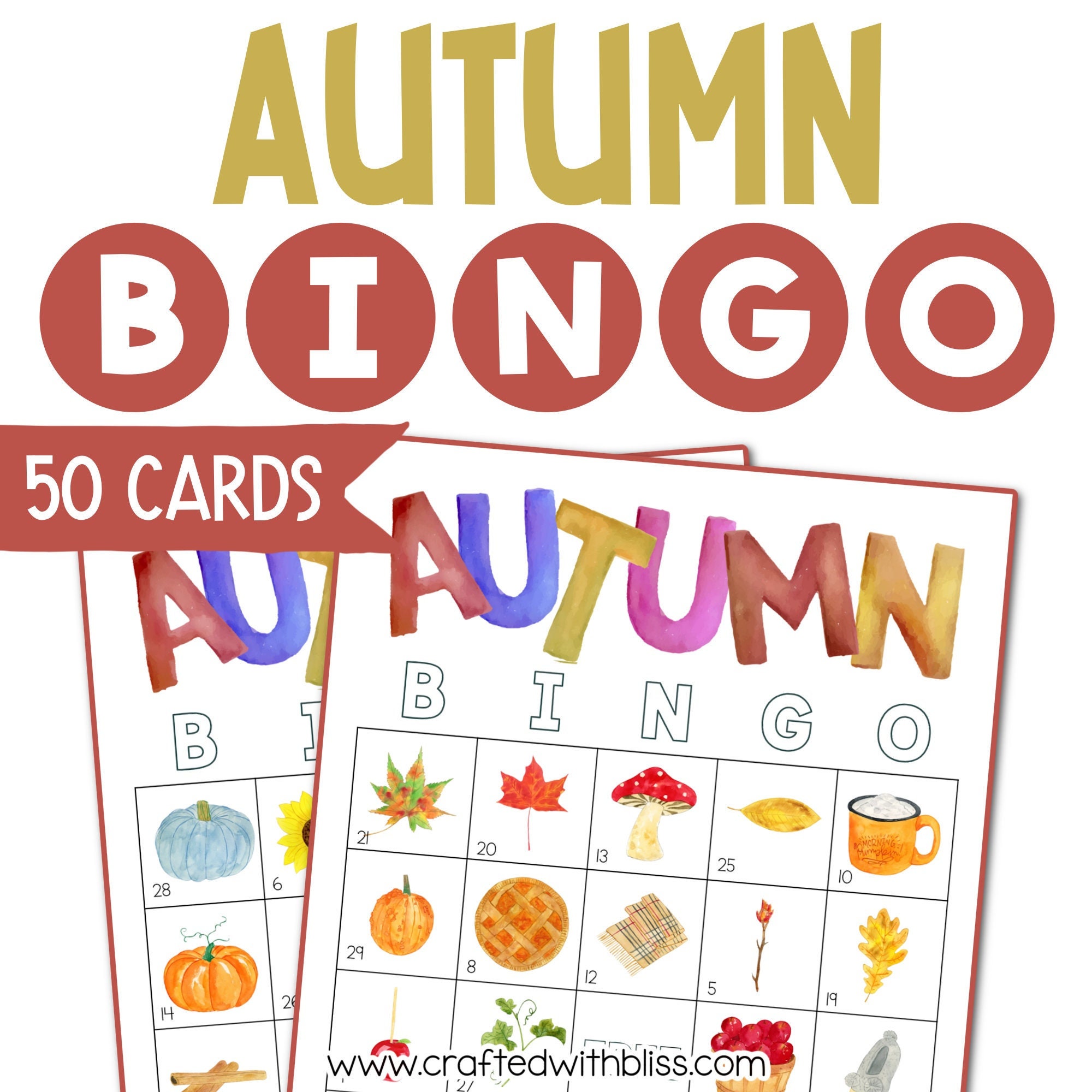50 Autumn Fall Bingo Cards Classroom Game, Bingo Game, Party Game, Work ...