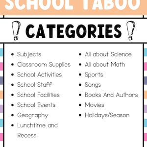 School Taboo Party Game 150 Card Fun Friday Ice Breaker Brain Break ...