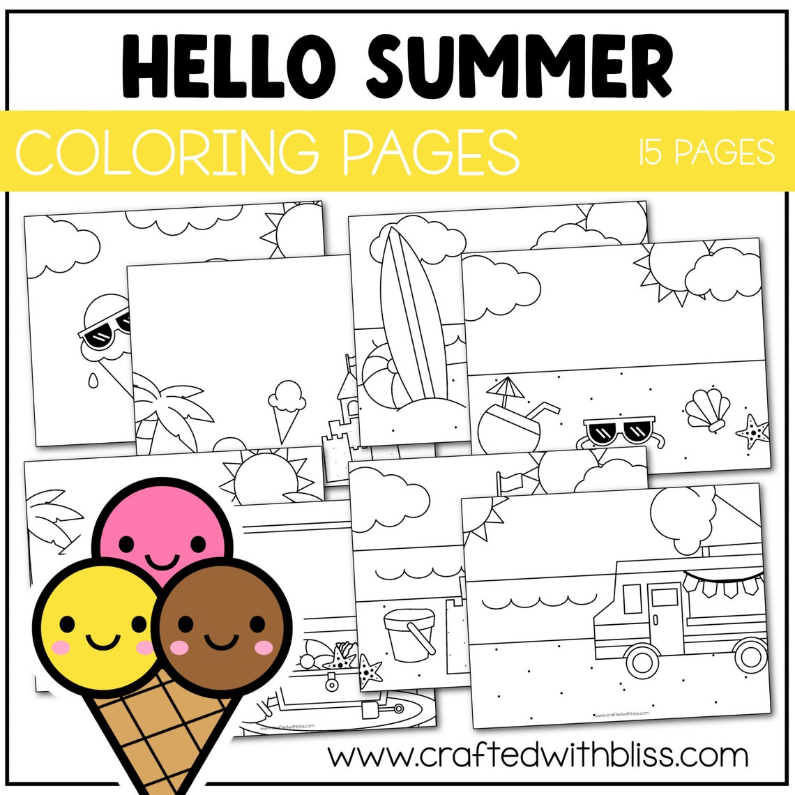 Hello Summer Coloring Pages for Kids Background Scene - Etsy