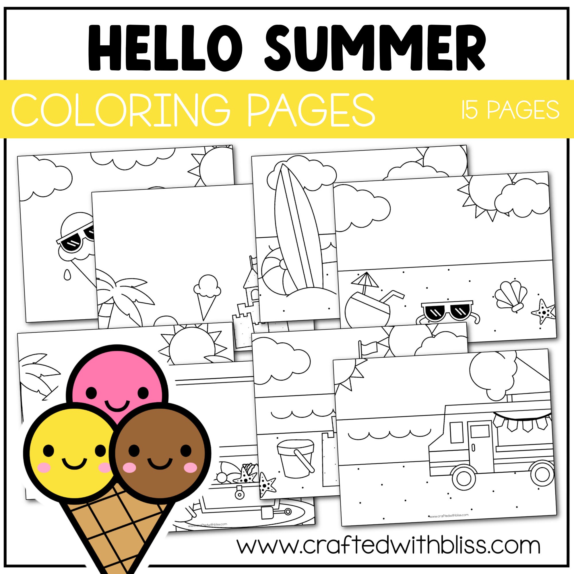 Hello Summer Coloring Pages for Kids Background Scene - Etsy