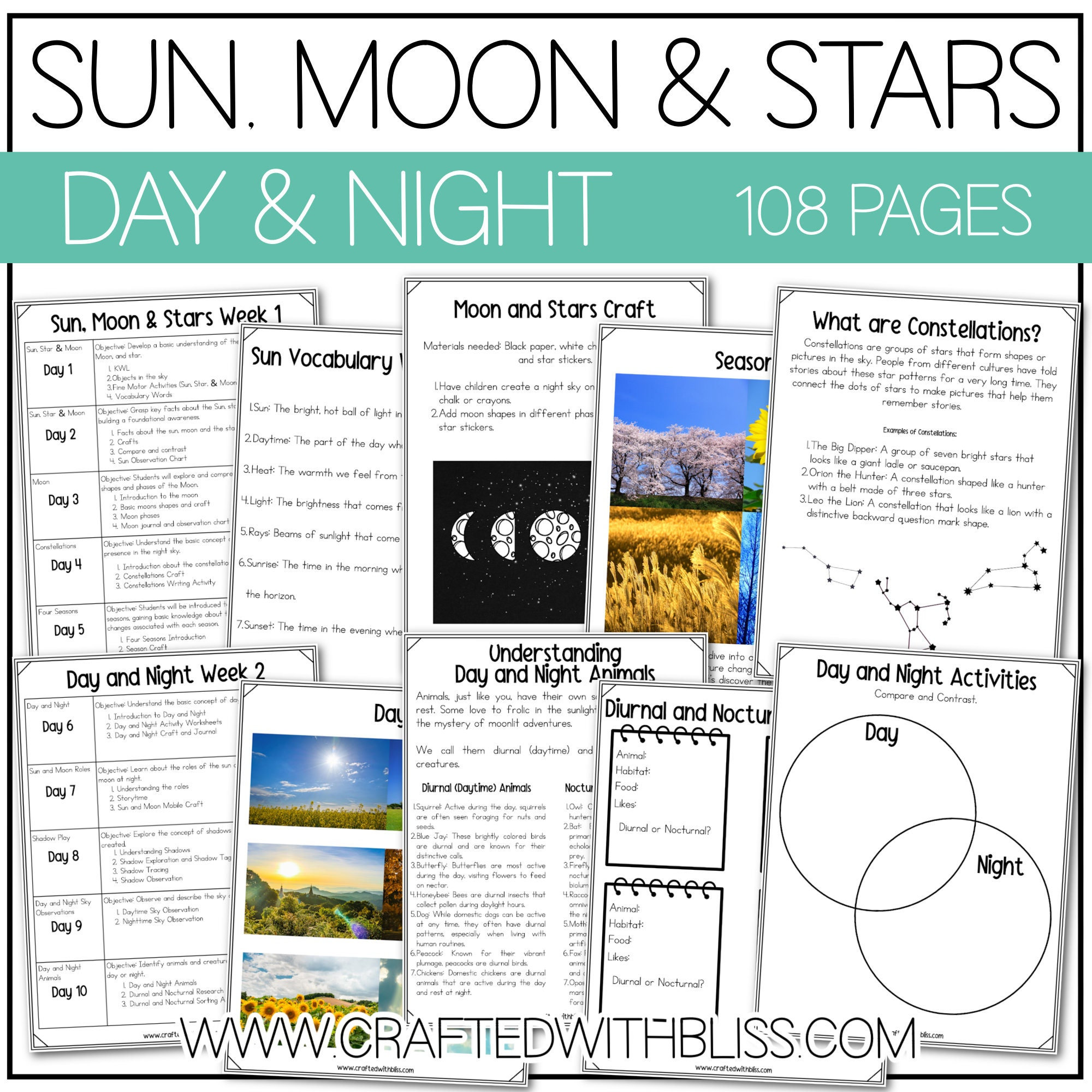 Sun, Moon & Stars Day and Night Science K-2 Worksheet Activity 2 Week ...