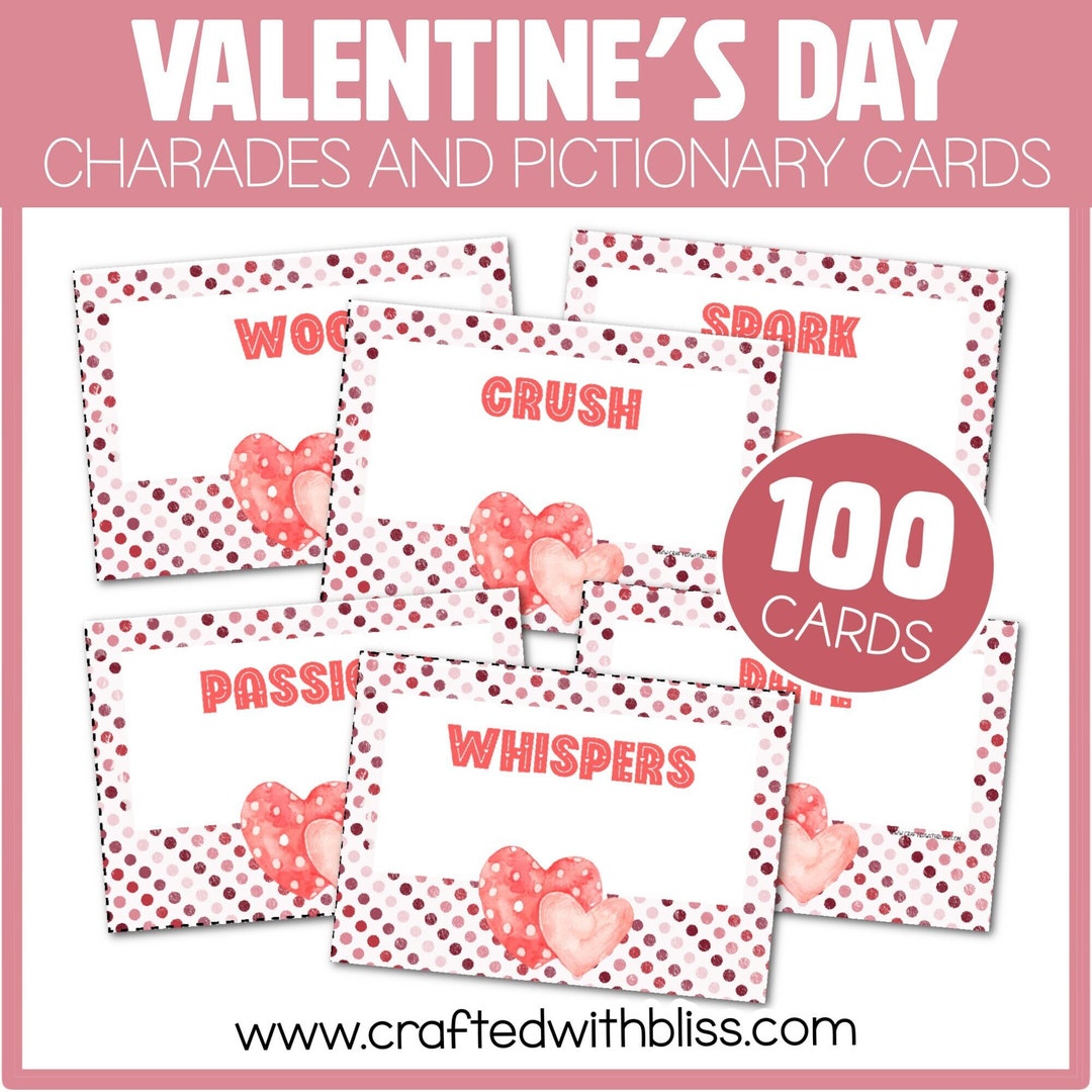 Valentine's Day Charades 100 Cards Class Pictionary Party Game Holiday ...