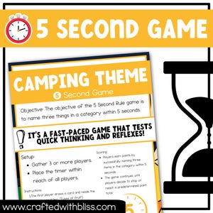 Camping Party Theme 5 Second Game 50 Cards One Happy Camper Fun Friday ...