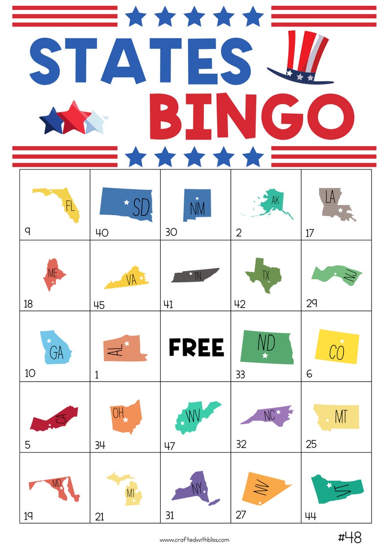 50 States Bingo Cards Classroom Game Bingo Game Party Game - Etsy