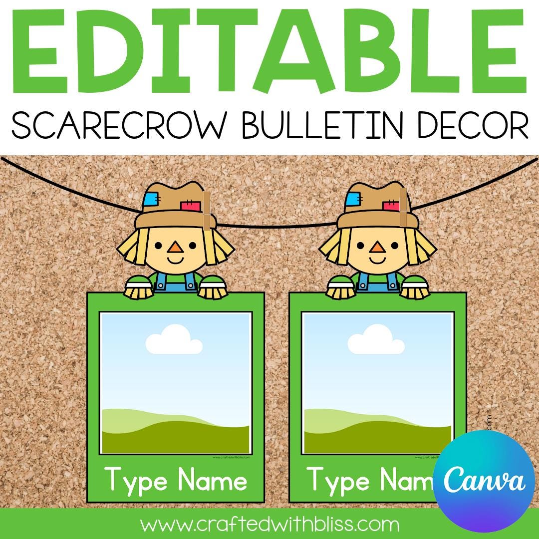 Editable Scarecrow Photo Bulletin Decor Canva Template Fall Back to ...