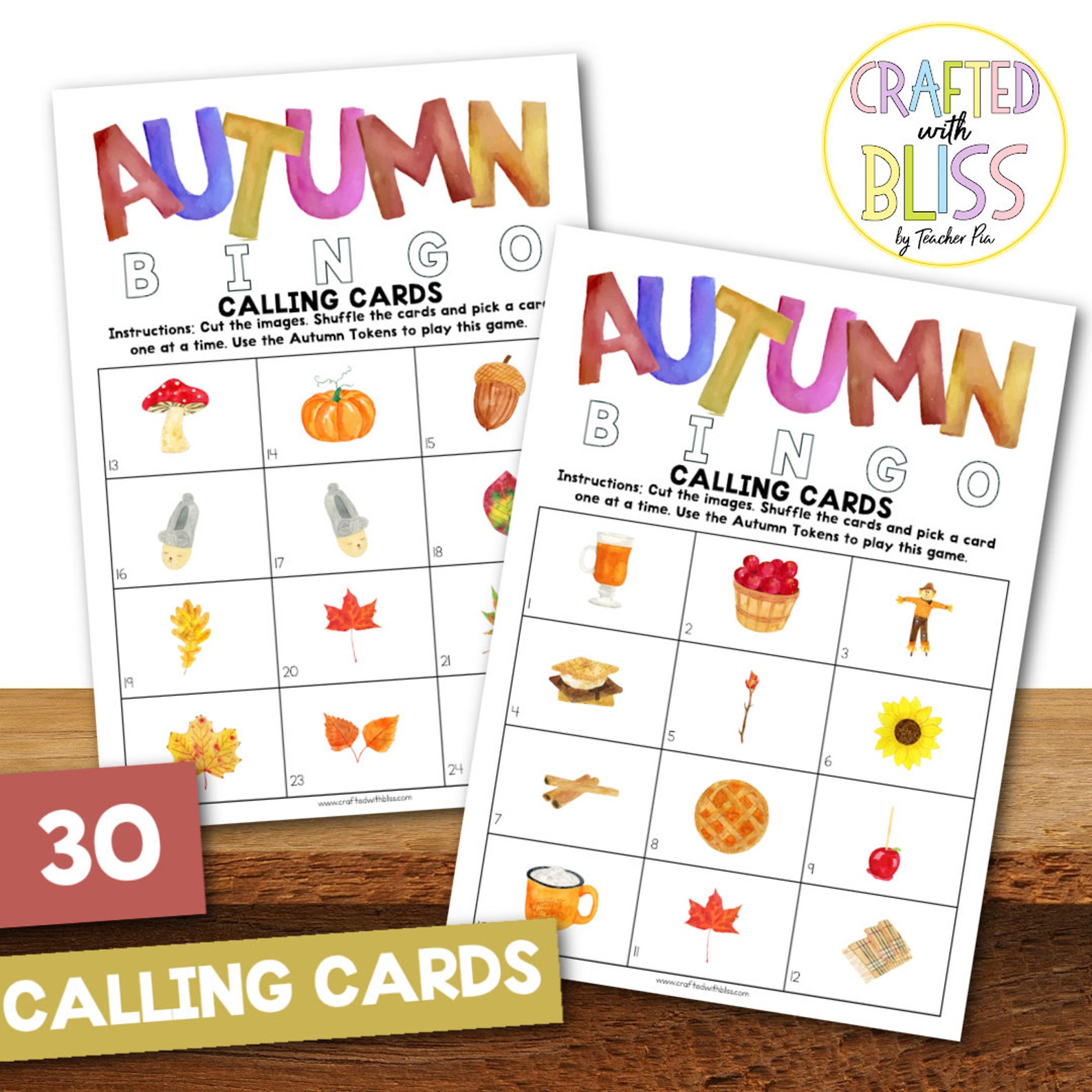 50 Autumn Fall Bingo Cards Classroom Game, Bingo Game, Party Game, Work ...
