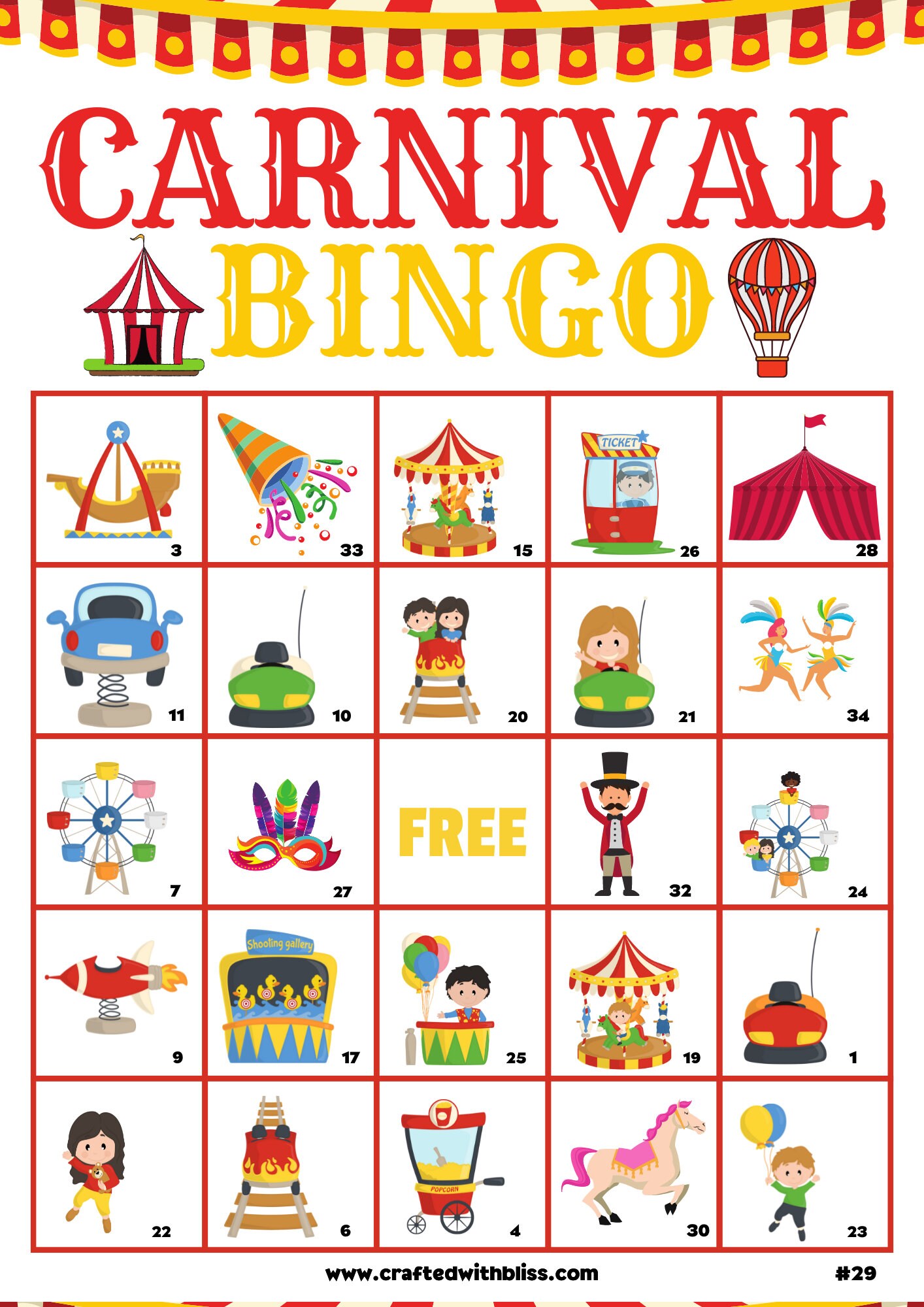 Carnival Bingo for Kids, Carnival Bingo Birthday Party, Carnival ...