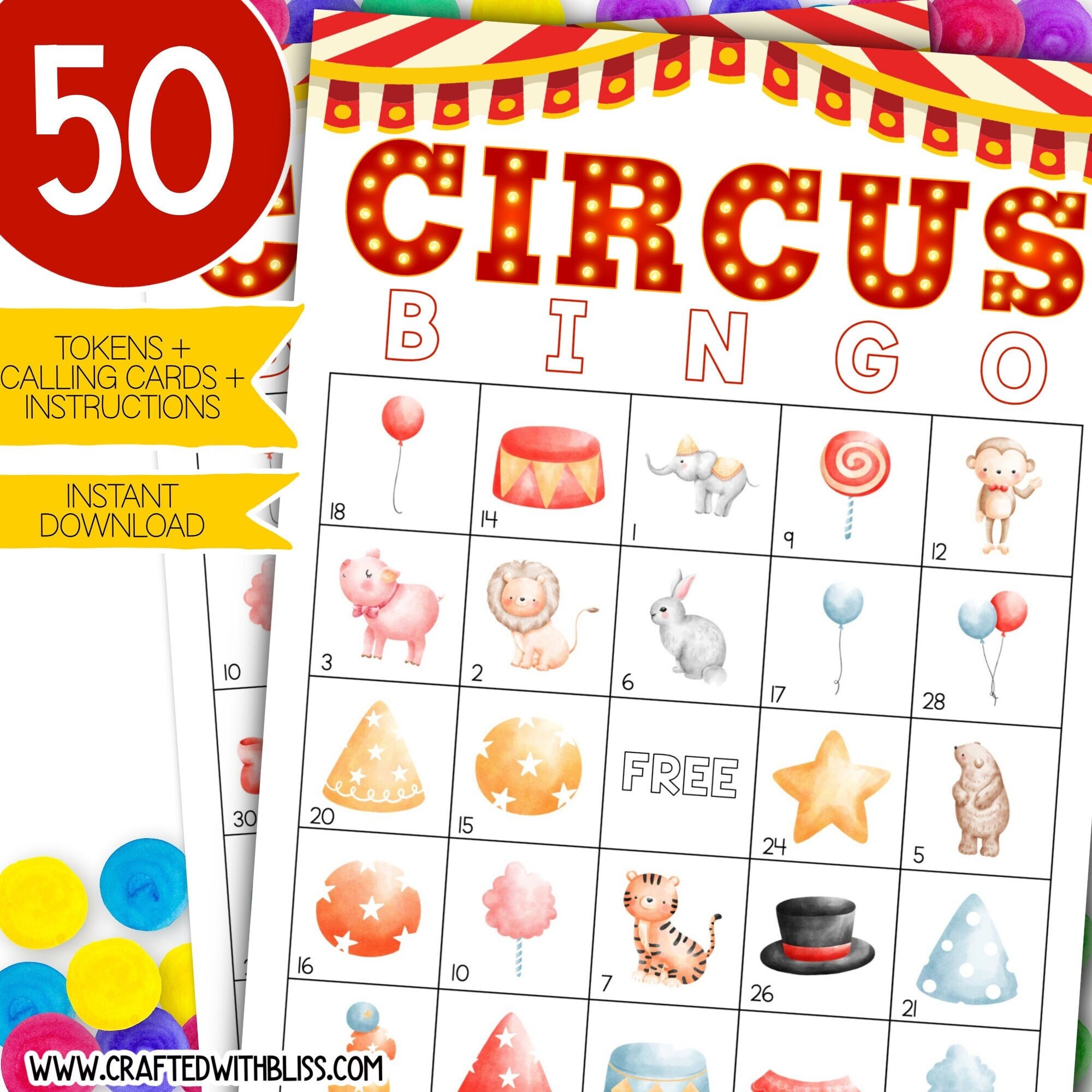 50 Circus Bingo Cards Classroom Game, Bingo Game, Circus Party Game ...