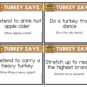 Turkey Says | Fun Thanksgiving Movement Cards Ice Breaker Gross Motor ...