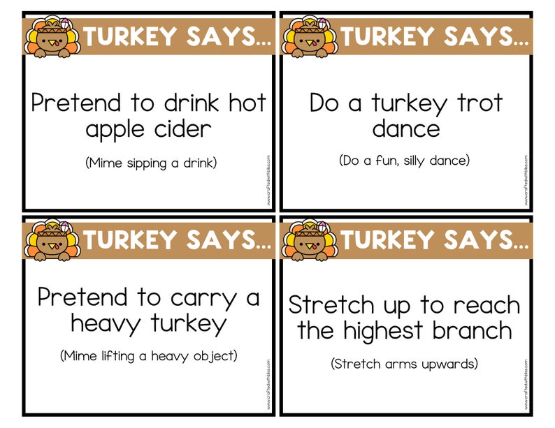 Turkey Says | Fun Thanksgiving Movement Cards Ice Breaker Gross Motor ...