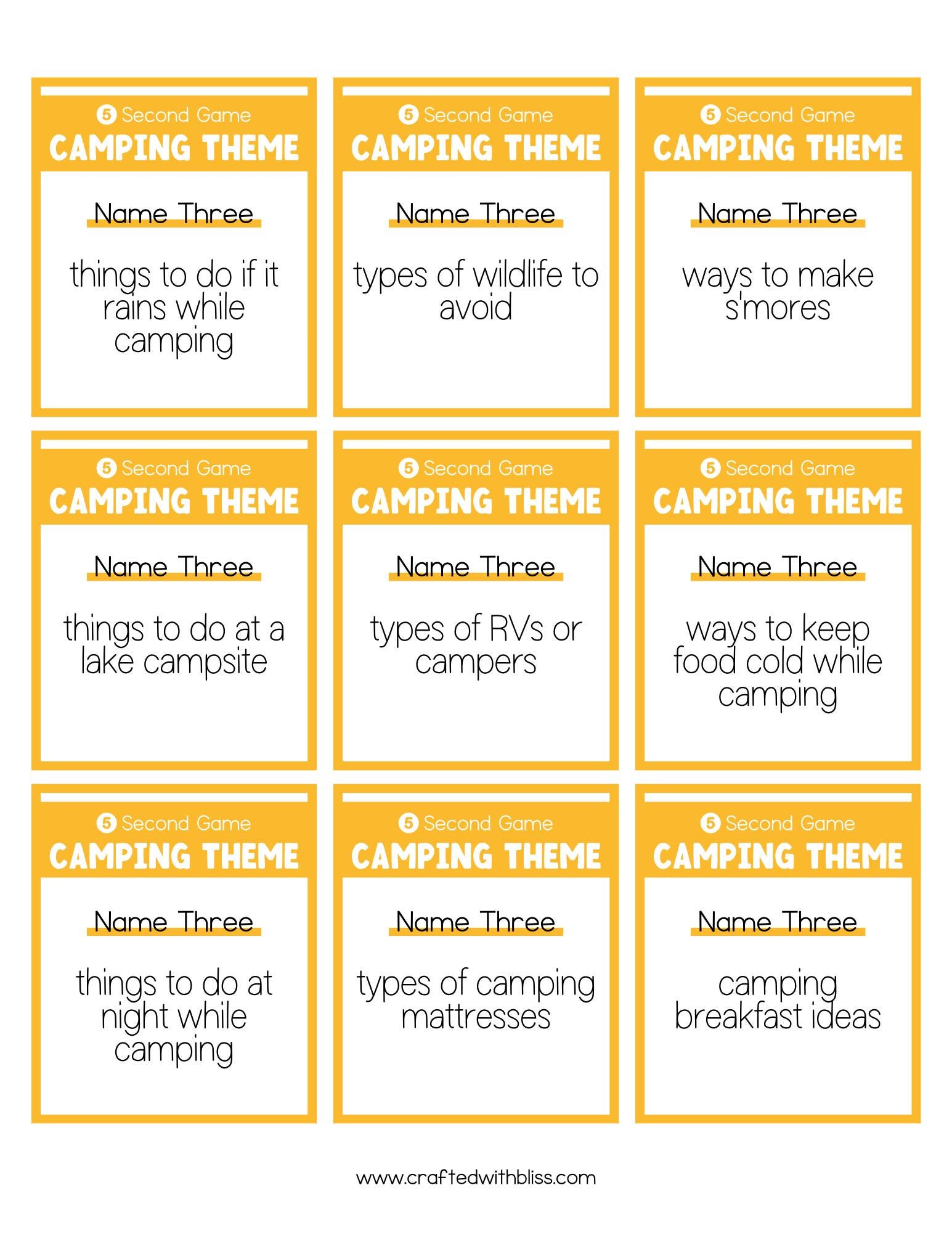 Camping Party Theme 5 Second Game 50 Cards One Happy Camper Fun Friday ...