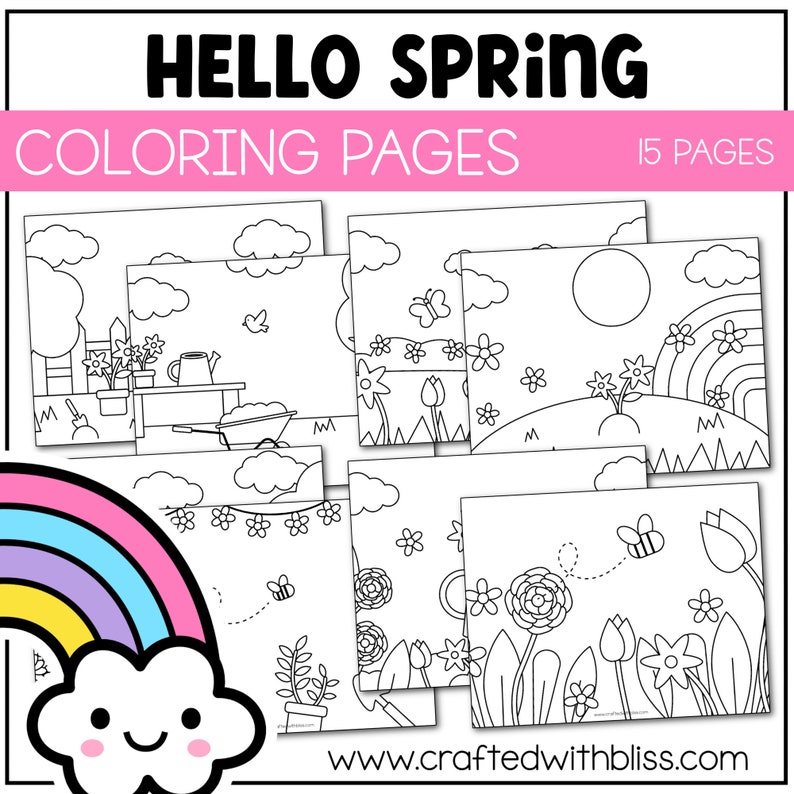 Hello Spring Coloring Pages for Kids Background Scene - Etsy