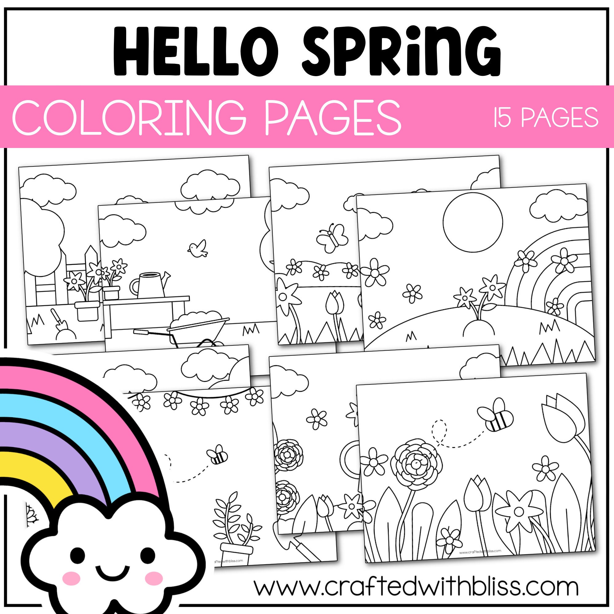 Hello Spring Coloring Pages for Kids Background Scene - Etsy