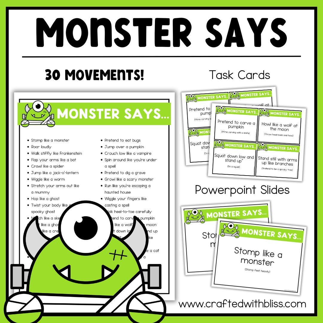 Monster Says | Fun Halloween Movement Cards Ice Breaker Gross Motor ...