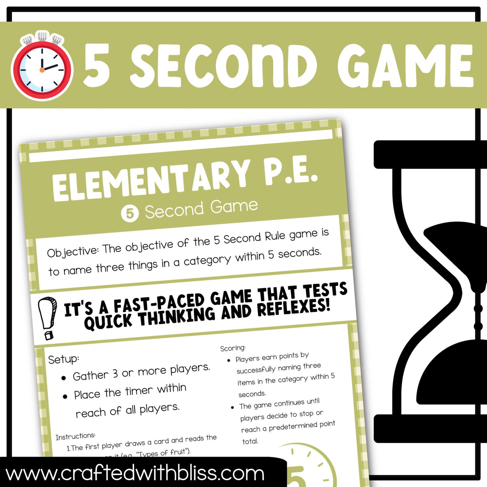 Elementary PE 5 Second Game 50 Cards Fun Friday Ice Breaker Brain Break ...