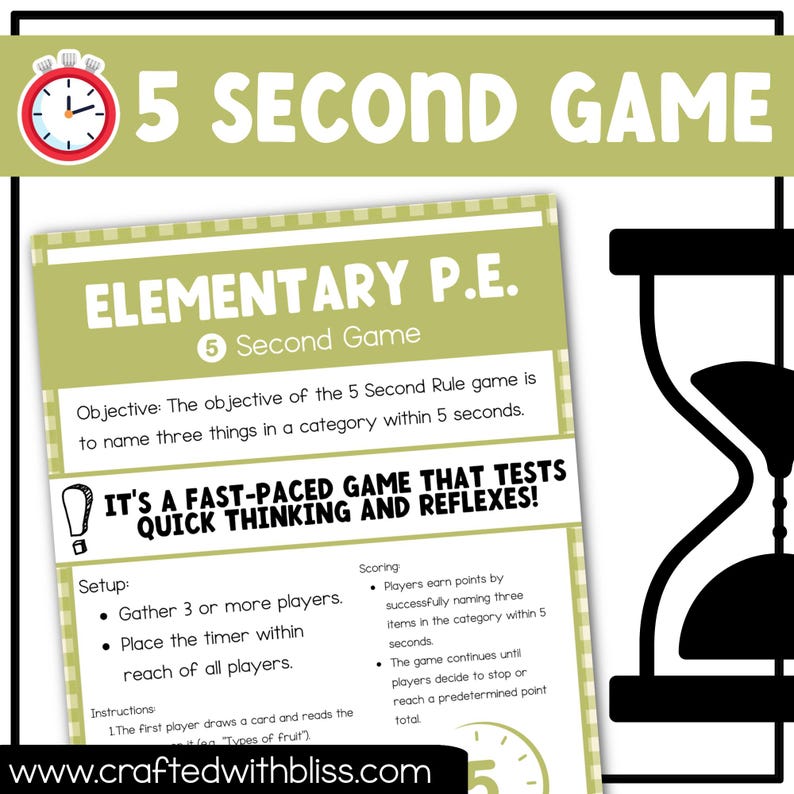 Elementary PE 5 Second Game 50 Cards Fun Friday Ice Breaker Brain Break ...
