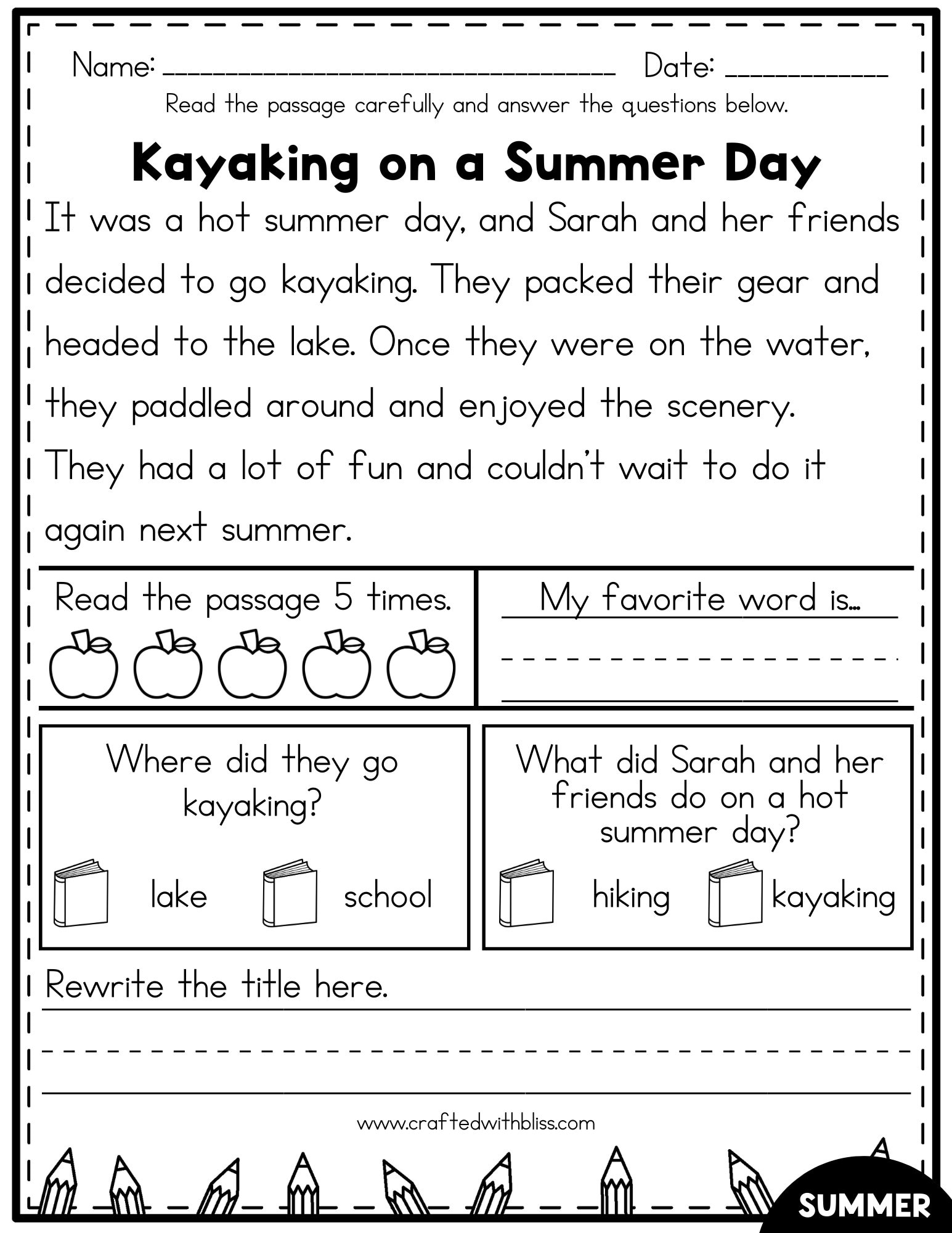 Summer Passages Kindergarten Reading Comprehension Printable Homeschool ...