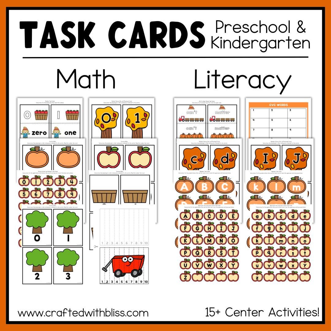 Year Round 12 Task Cards Printable Math & Literacy Task Box SLP OT ...