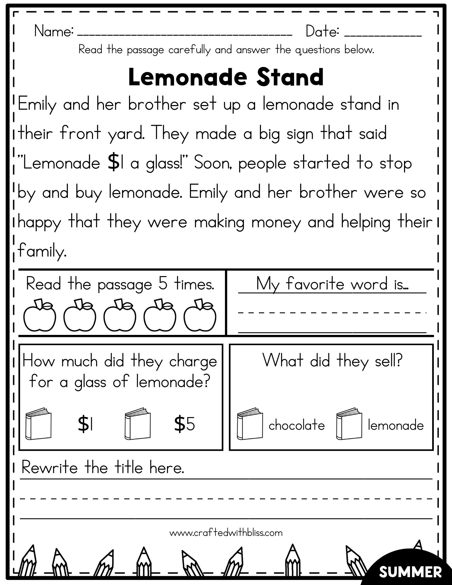 Summer Passages Kindergarten Reading Comprehension Printable Homeschool ...