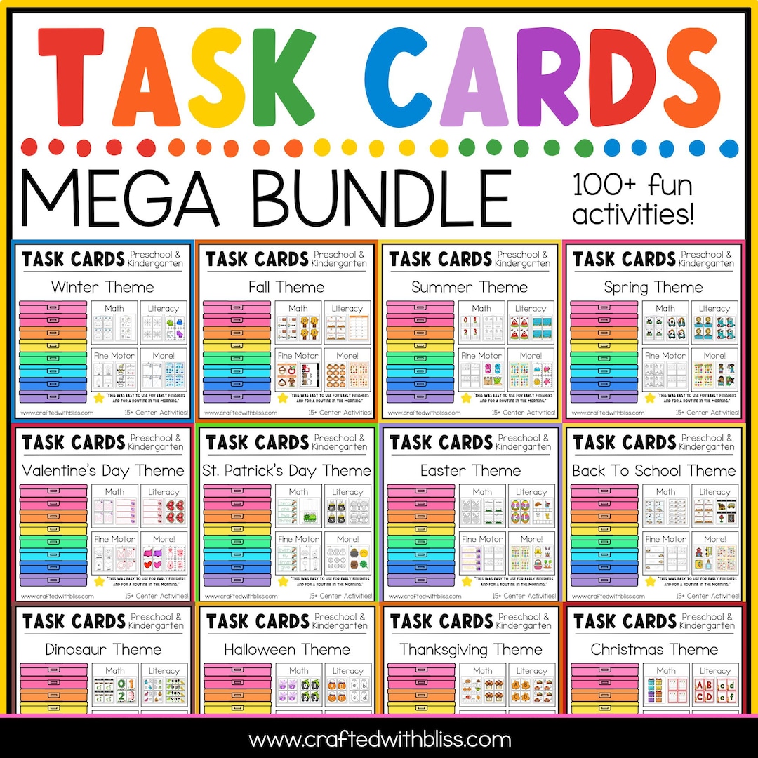 Year Round 12 Task Cards Printable Math & Literacy Task Box SLP OT ...