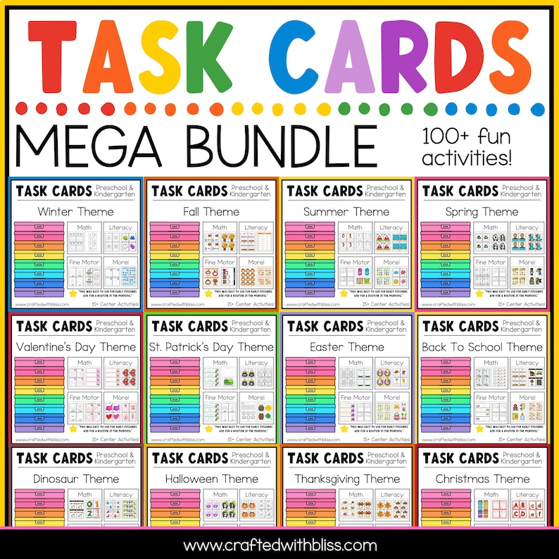 Year Round 12 Task Cards Printable Math & Literacy Task Box SLP OT ...