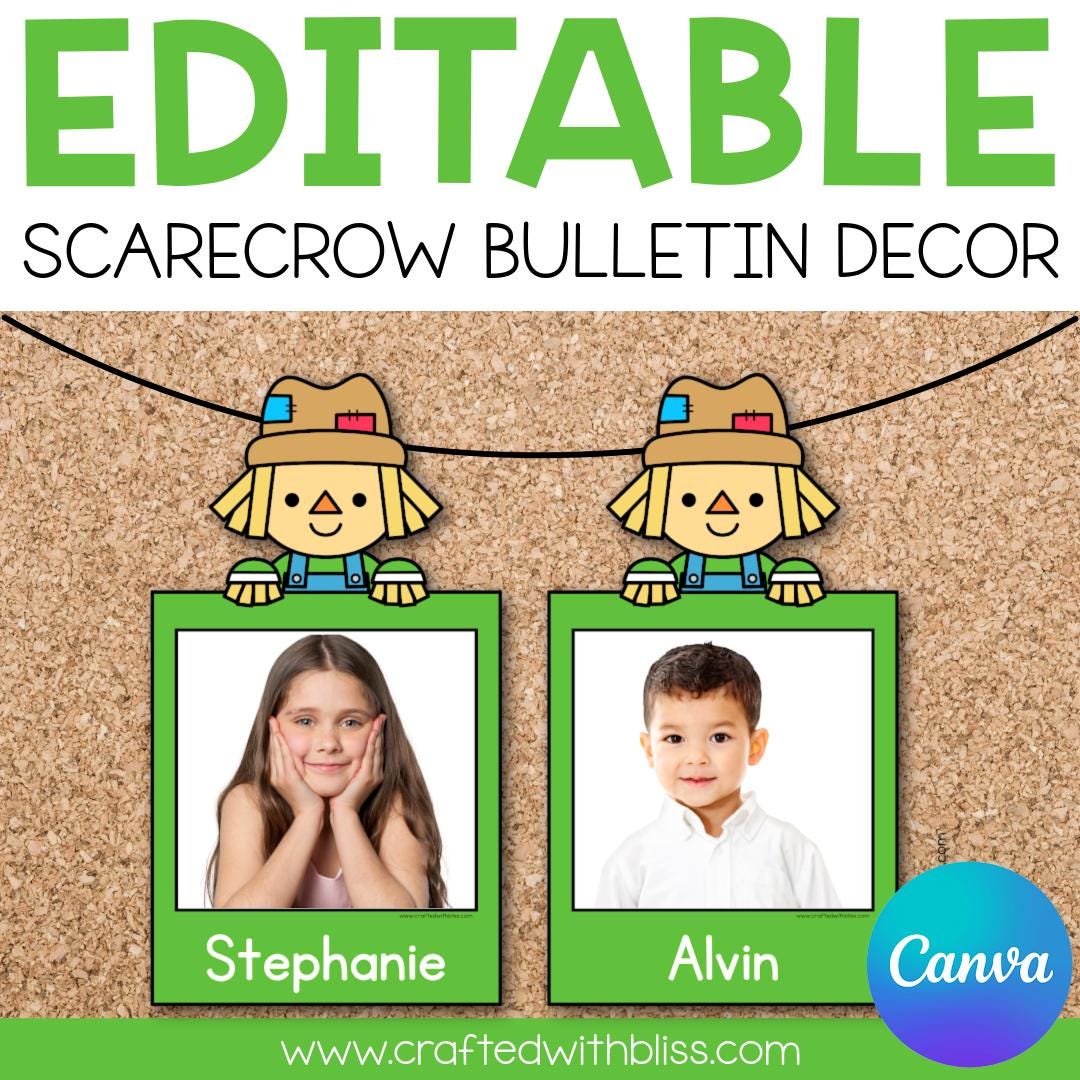 Editable Scarecrow Photo Bulletin Decor Canva Template Fall Back to ...