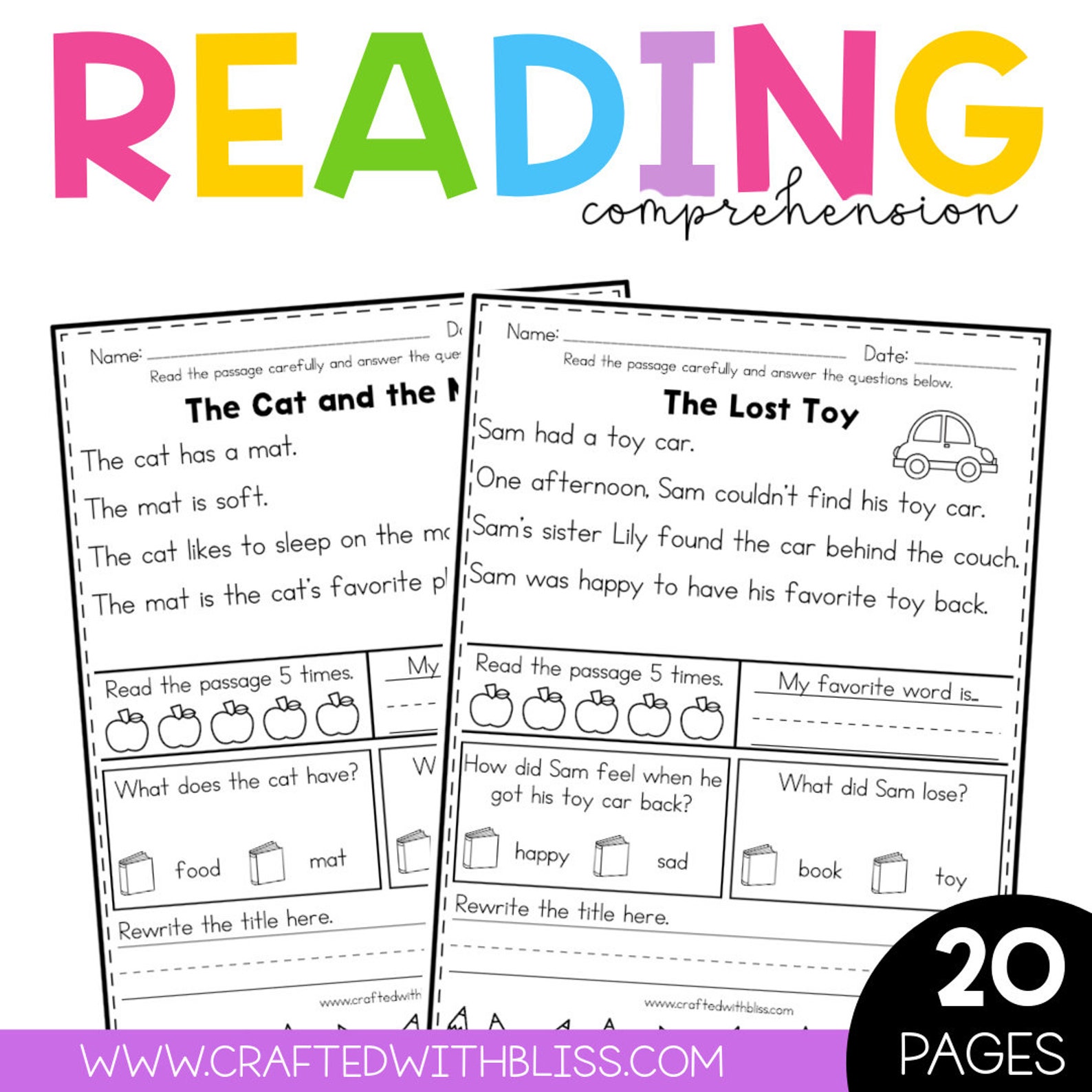 Kindergarten Reading Comprehension Printable Homeschool Literacy Center ...