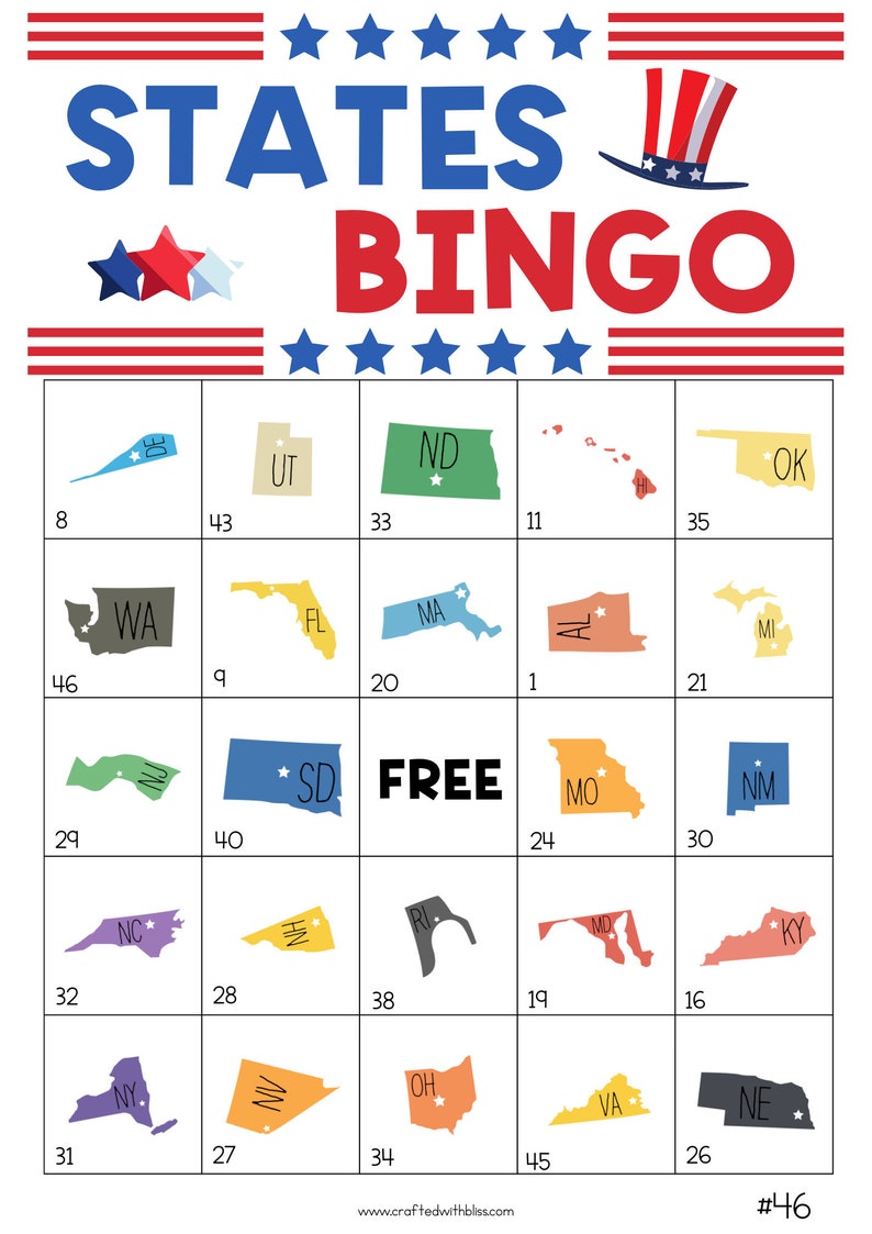 50 States Bingo Cards Classroom Game, Bingo Game, Party Game, Work ...