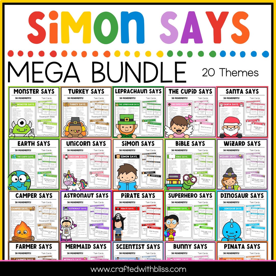 20 Themes Simon Says Printable Mega Bundle Movement Game for Kids ...