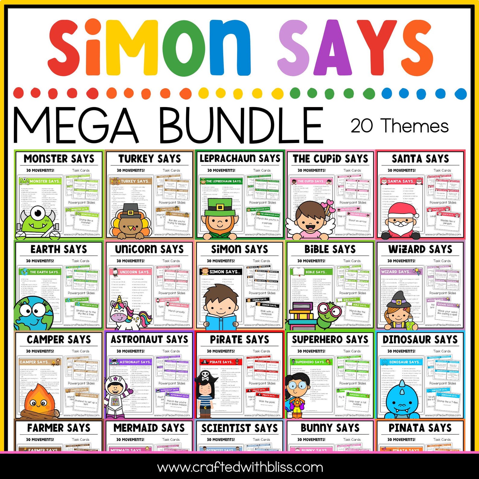 20 Themes Simon Says Printable Mega Bundle Movement Game for Kids ...