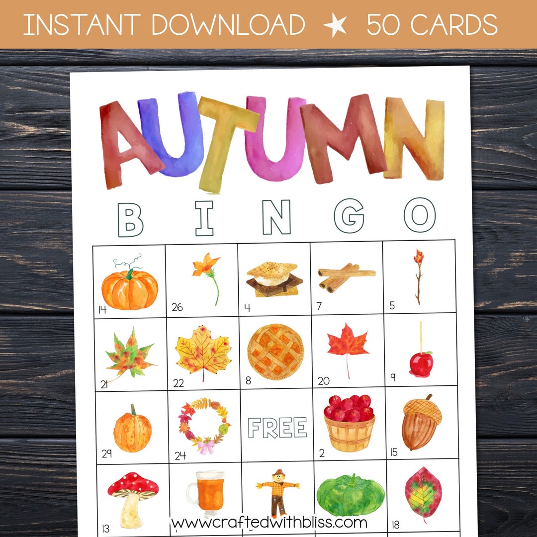 50 Autumn Fall Bingo Cards Classroom Game, Bingo Game, Party Game, Work ...