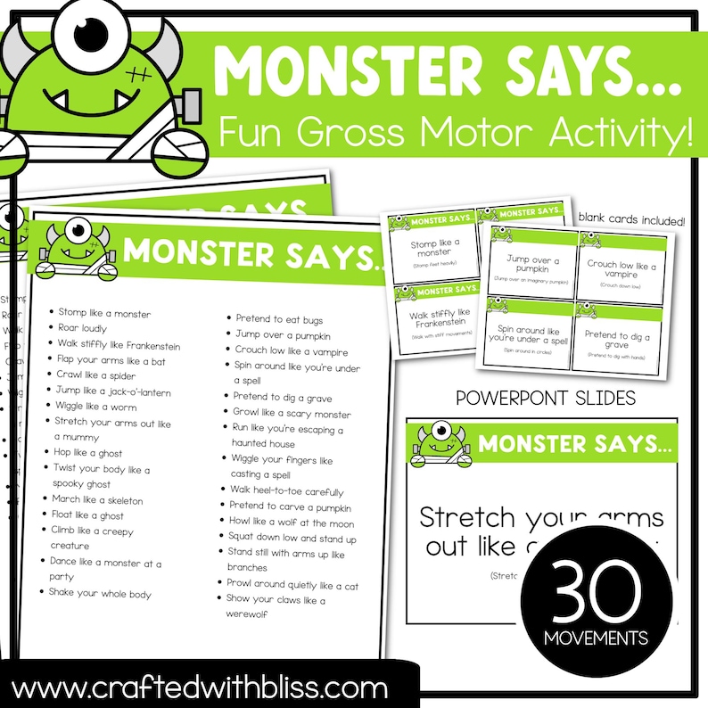 Monster Says | Fun Halloween Movement Cards Ice Breaker Gross Motor ...