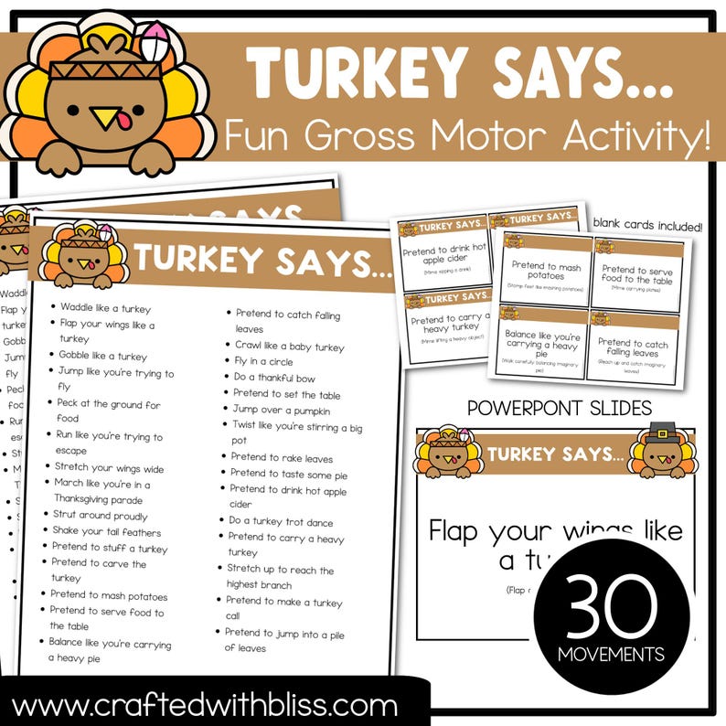 Turkey Says | Fun Thanksgiving Movement Cards Ice Breaker Gross Motor ...