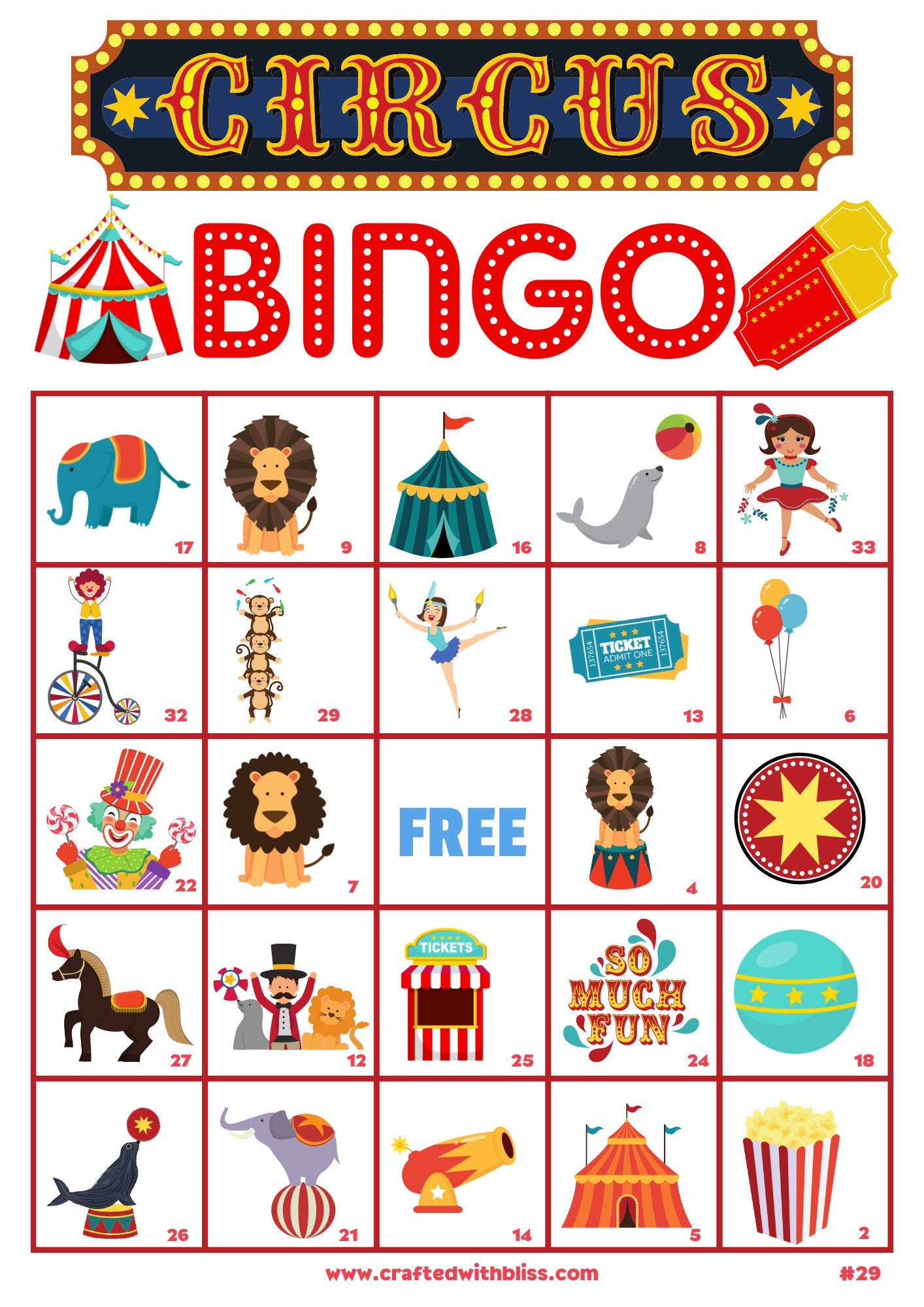 Circus Bingo Cards for Kids, Circus Bingo Birthday Party, Circus ...