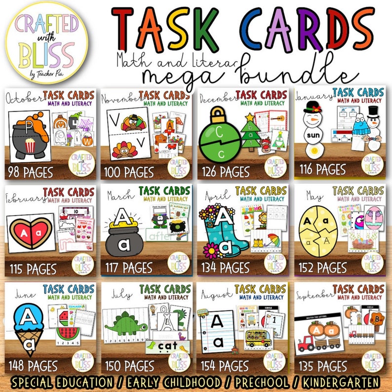 All Year Task Cards Math and Literacy Mega Bundle preschool, Sped ...