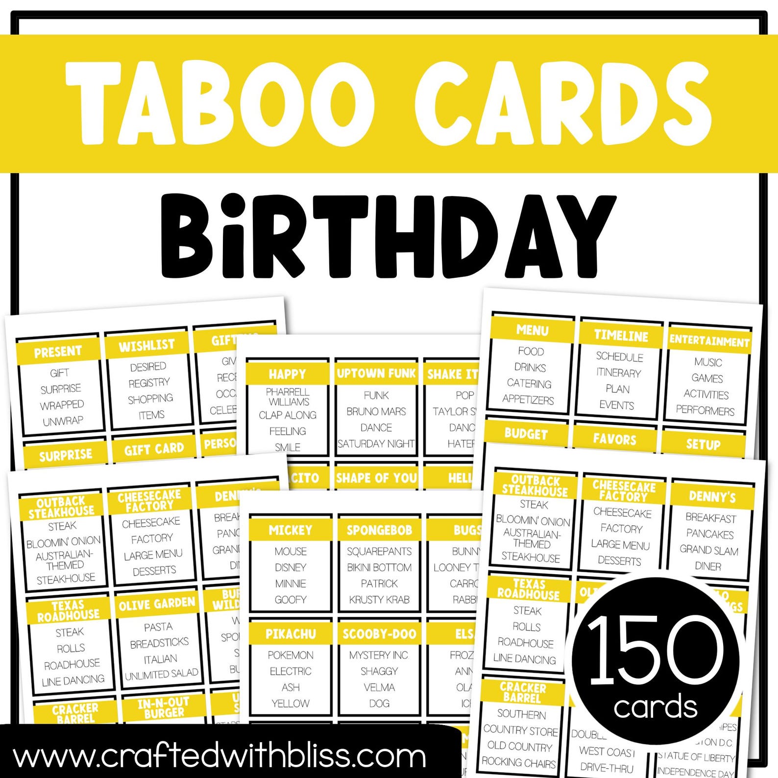 Birthday Taboo Party Game 150 Card Fun Friday Ice Breaker Brain Break ...