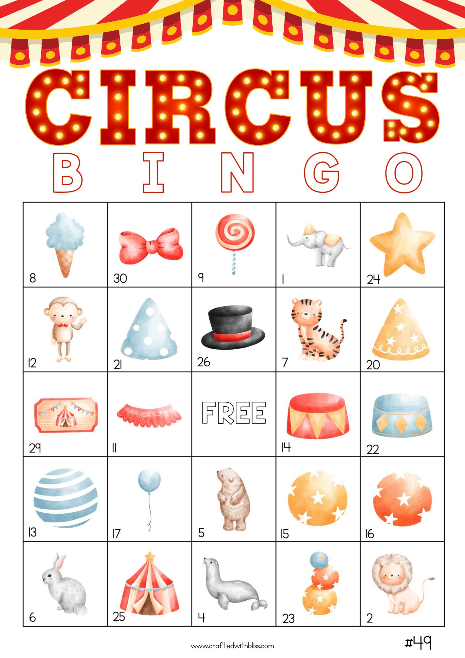 50 Circus Bingo Cards Classroom Game, Bingo Game, Circus Party Game ...
