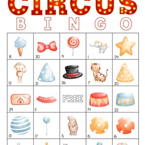 50 Circus Bingo Cards Classroom Game, Bingo Game, Circus Party Game ...