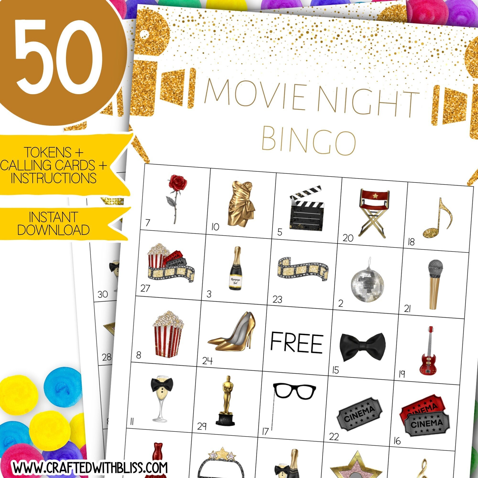 50 Movie Night Bingo Cards Classroom Game, Bingo Game, Party Game, Work ...