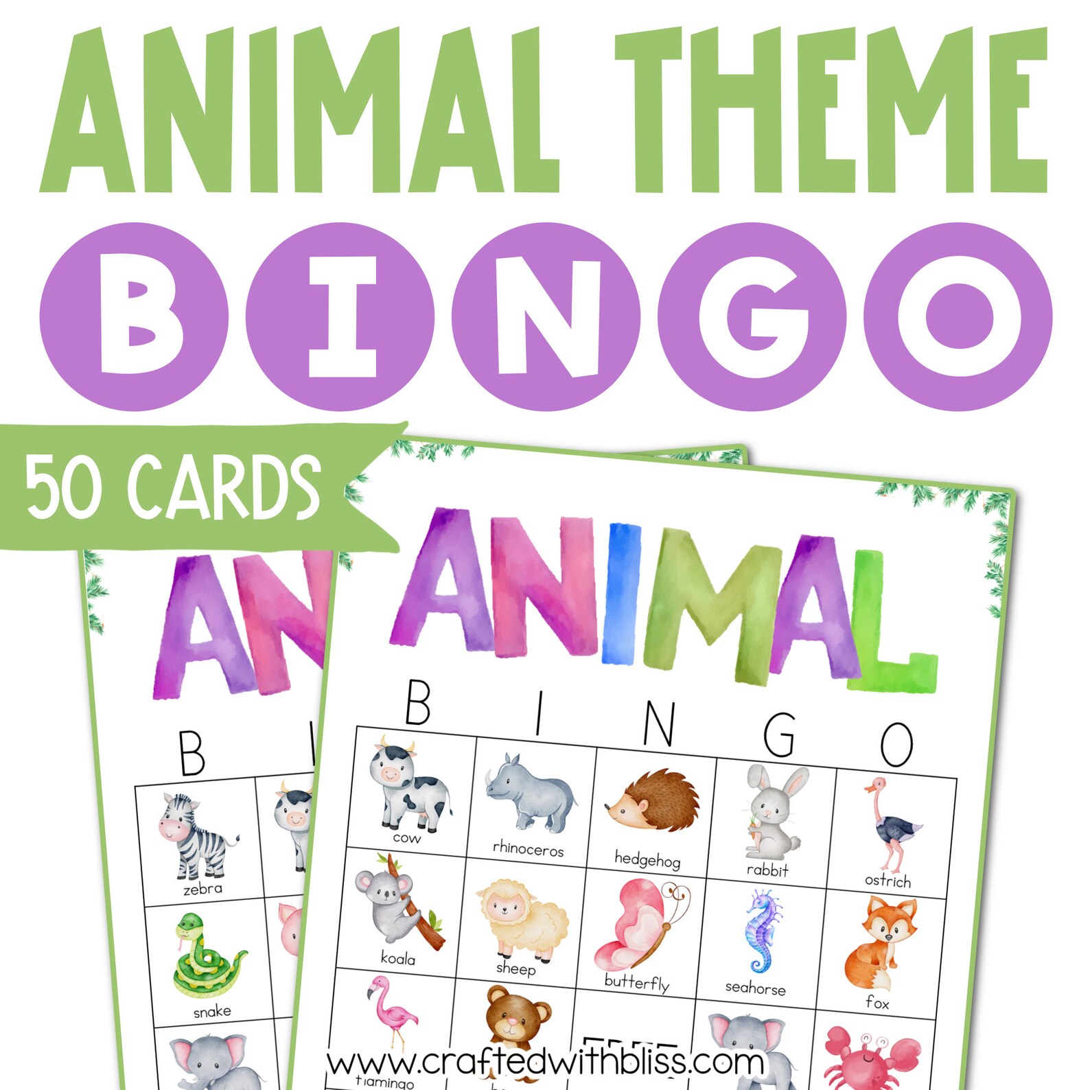 50 Animal Party Bingo Cards Classroom Game, Bingo Game, Animal Party ...