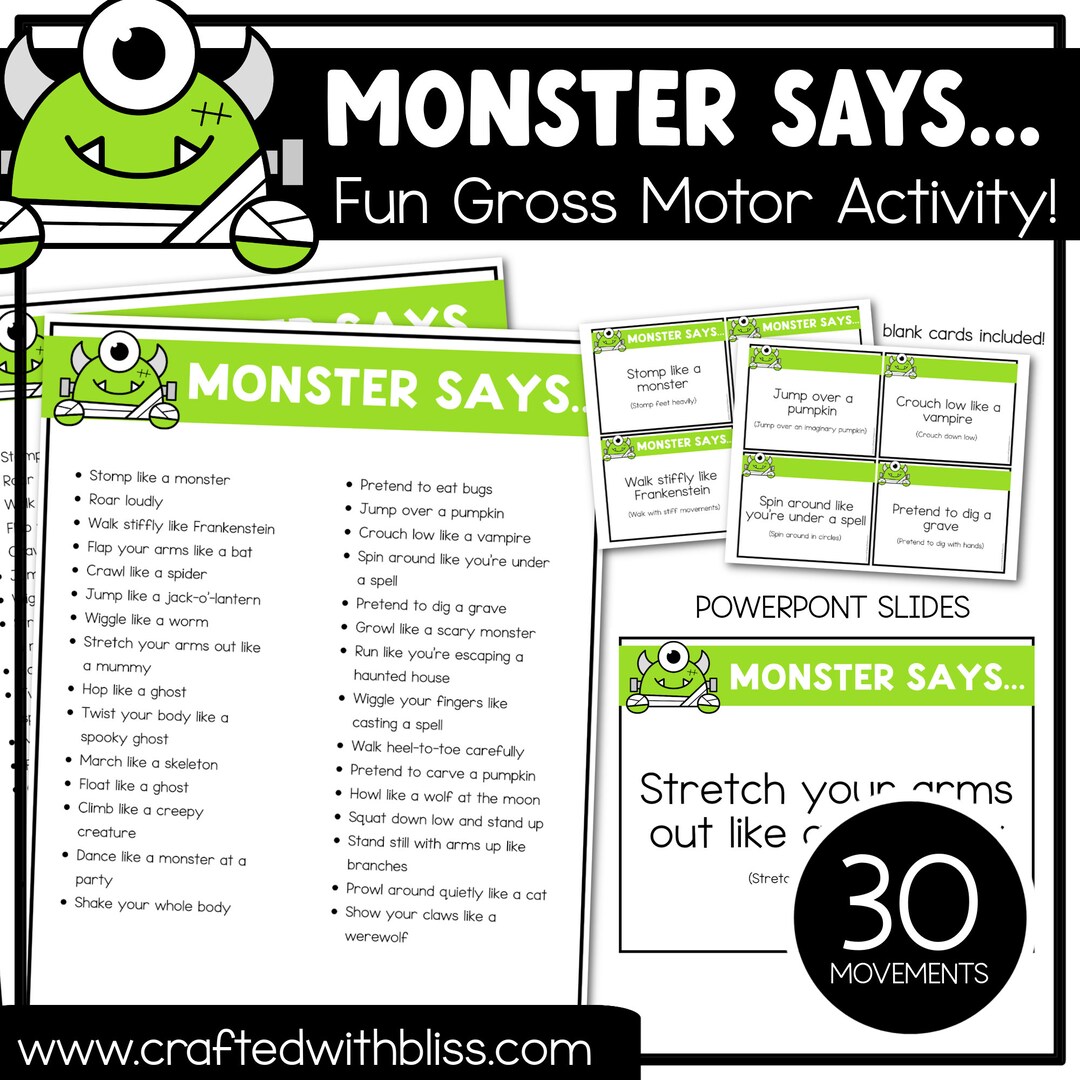 Monster Says Fun Halloween Movement Cards Ice Breaker Gross Motor Game ...