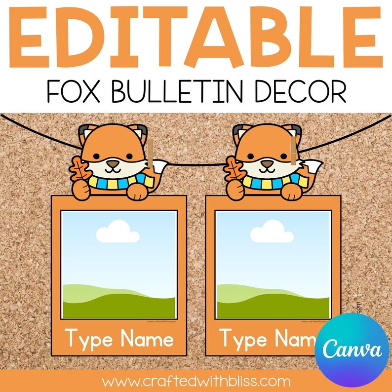 Editable Fox Photo Bulletin Decor | Canva Template Fall Decor Back to ...
