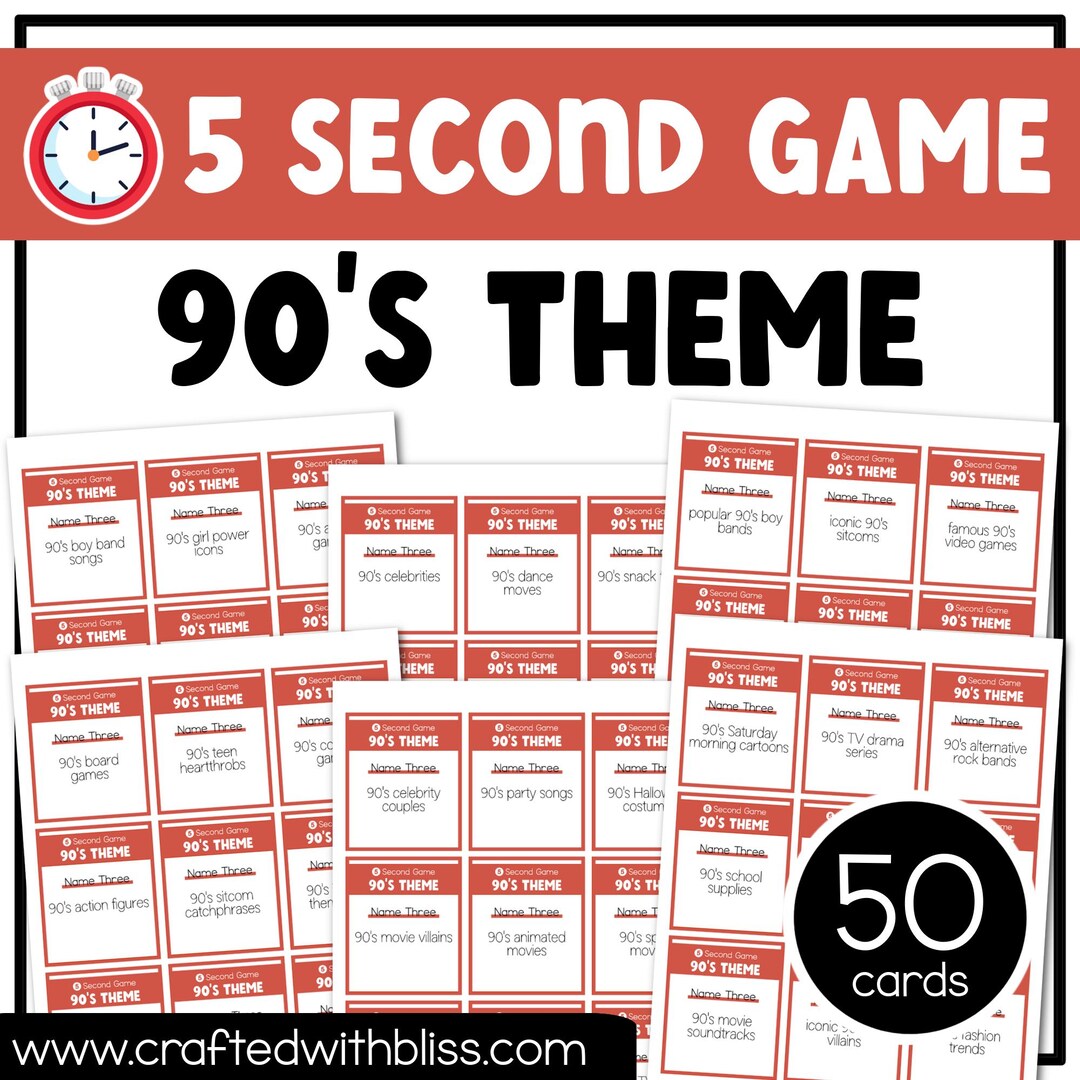 90's Party Theme 5 Second Game 50 Cards Fun Friday Ice Breaker Brain ...