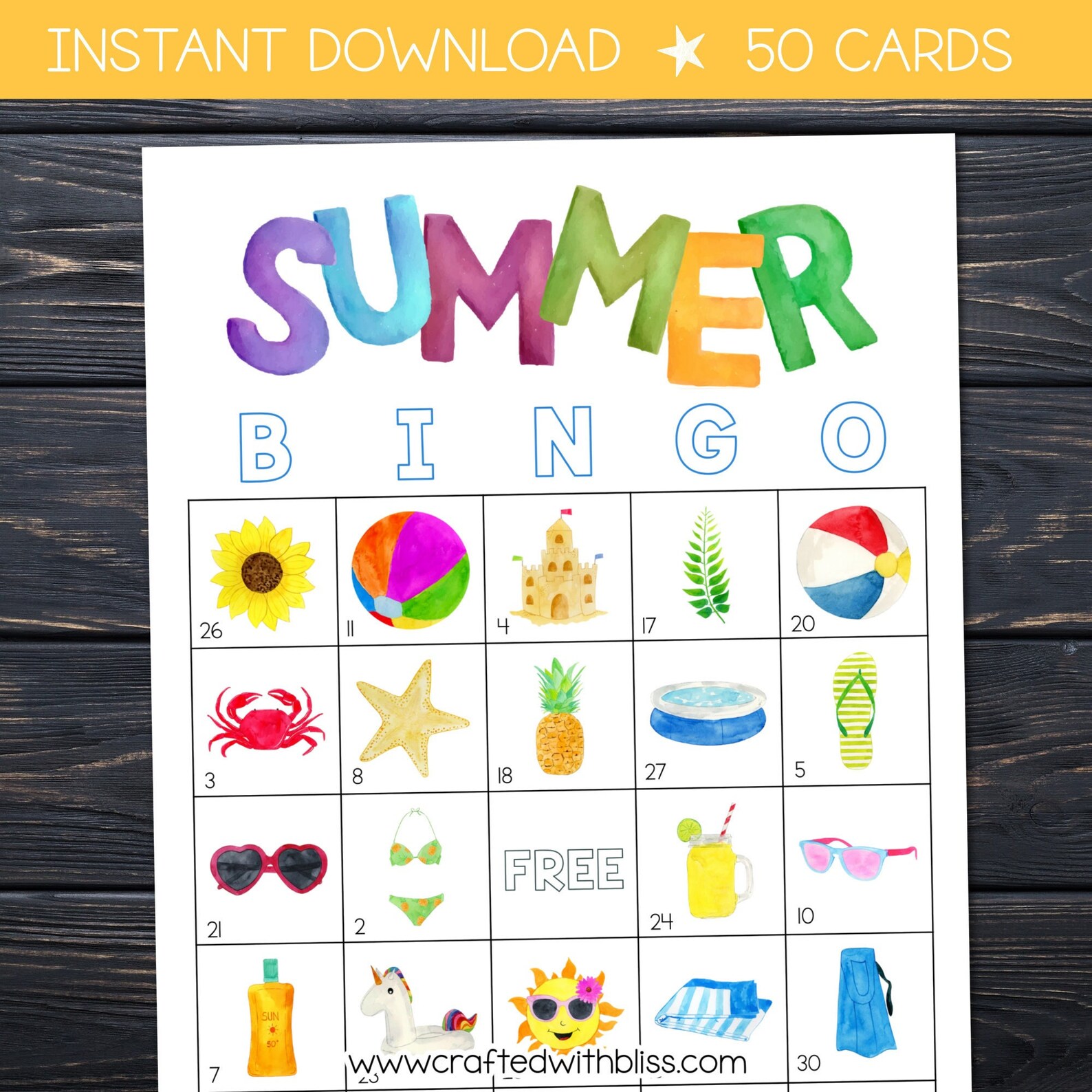 50 Summer Bingo Cards Classroom Game, Bingo Game, Summer Party Game ...