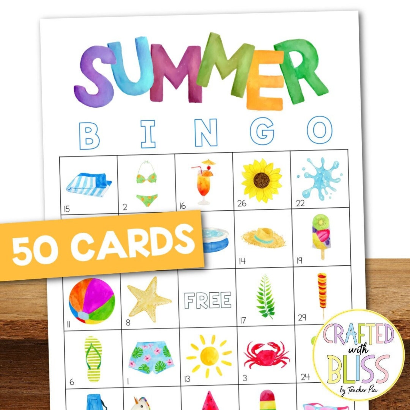 50 Summer Bingo Cards Classroom Game, Bingo Game, Summer Party Game ...