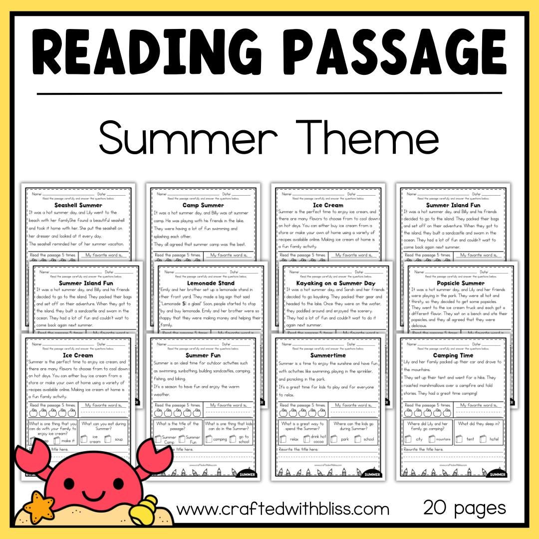 Summer Passages Kindergarten Reading Comprehension Printable ...