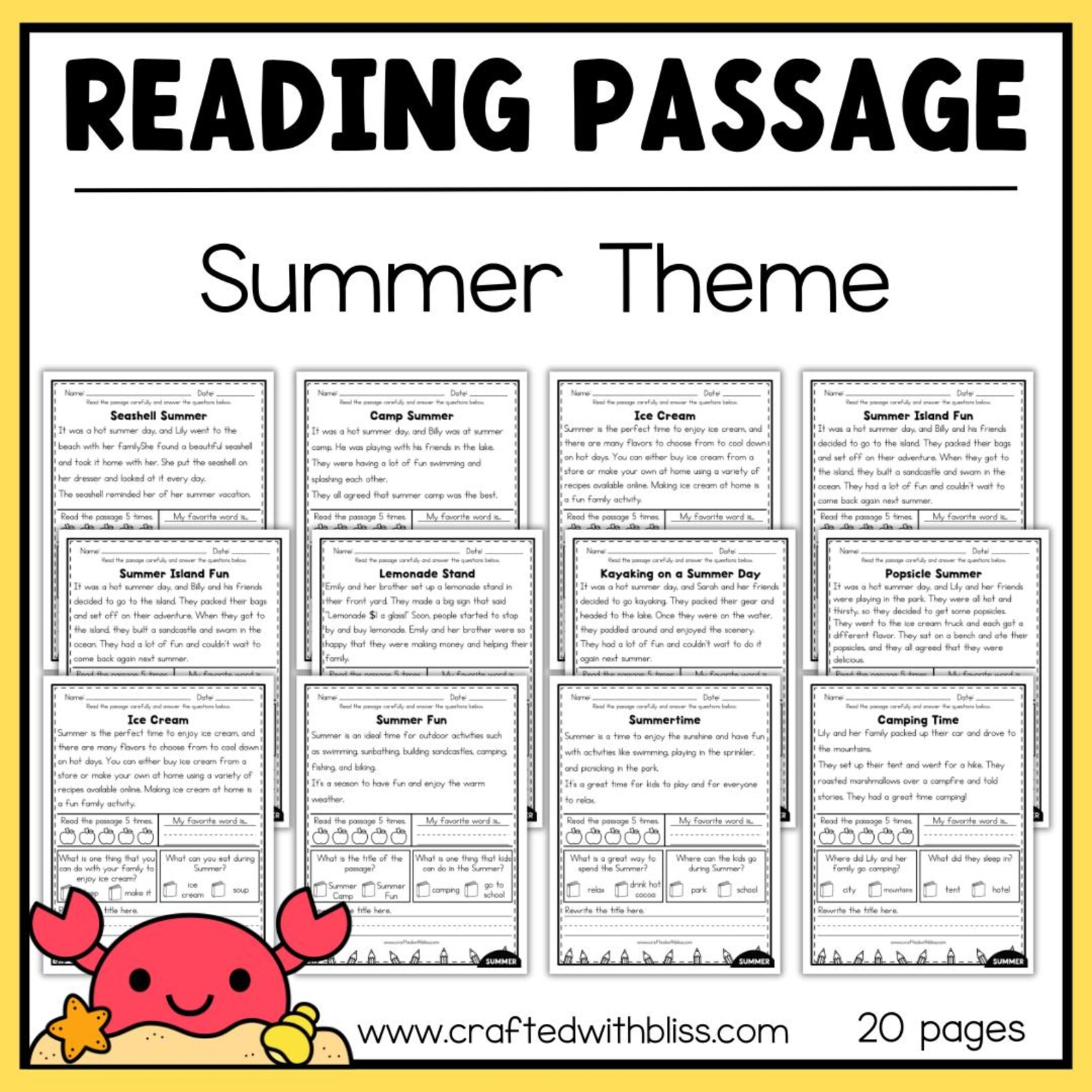 Summer Passages Kindergarten Reading Comprehension Printable ...
