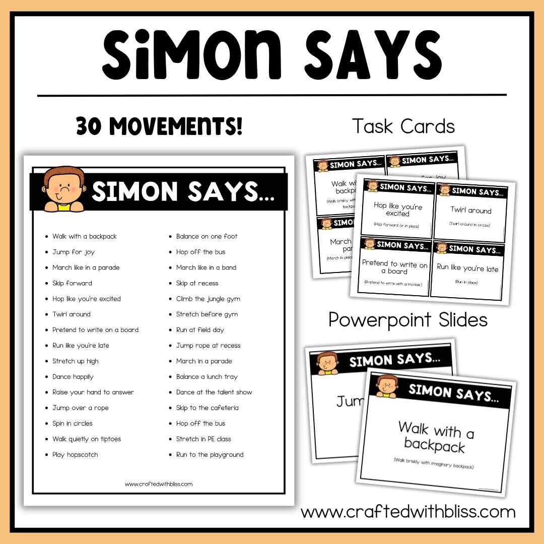 20 Themes Simon Says Printable Mega Bundle Movement Game for Kids ...