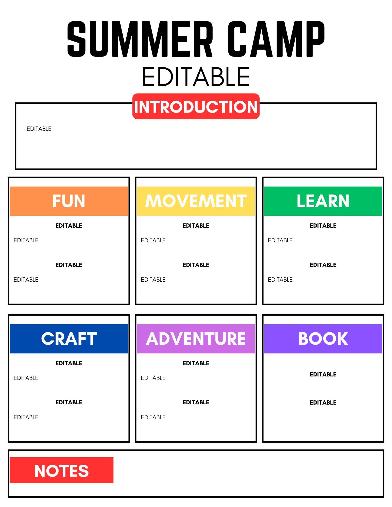 Editable Summer Camp Plan Canva Template - Etsy