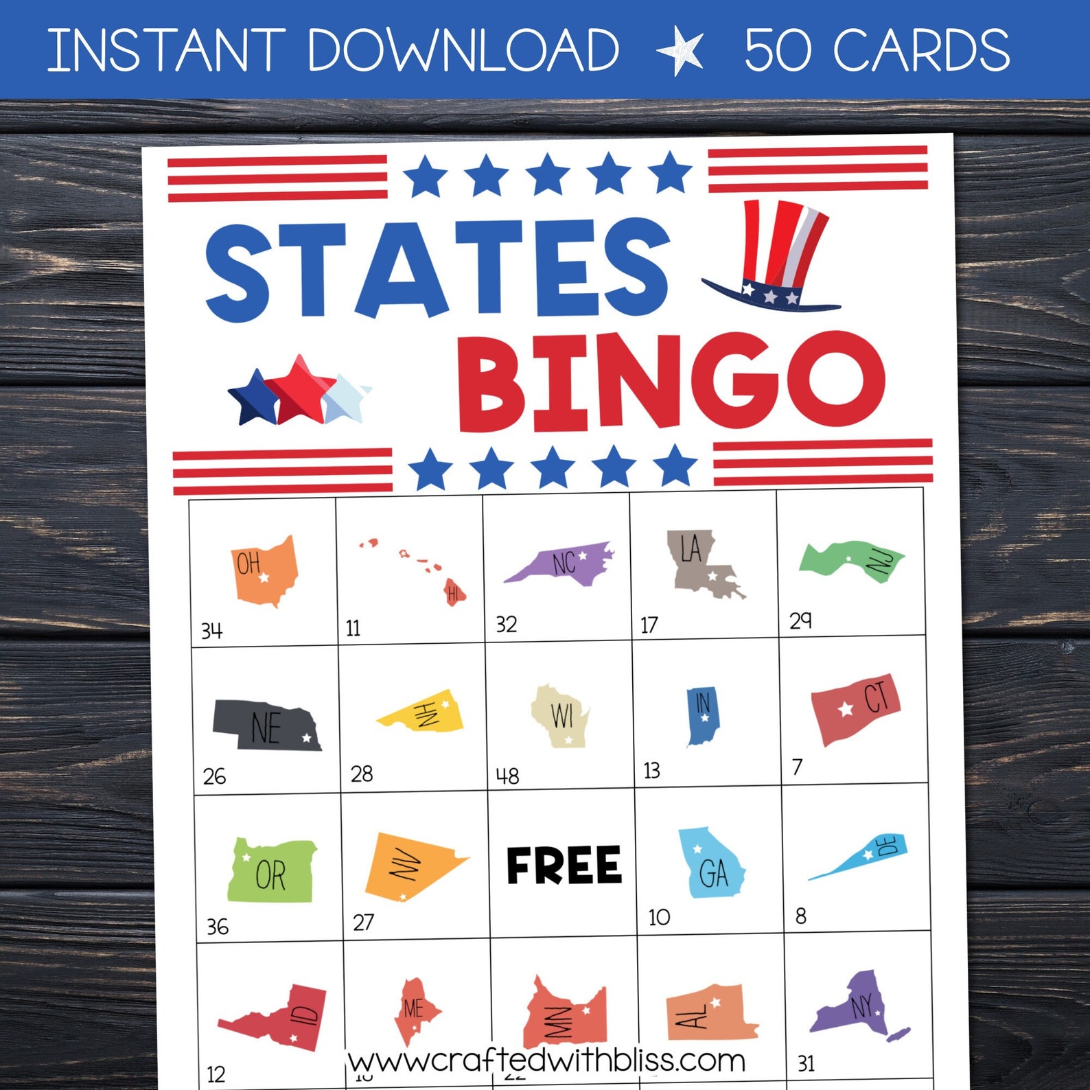 50 States Bingo Cards Classroom Game, Bingo Game, Party Game, Work ...